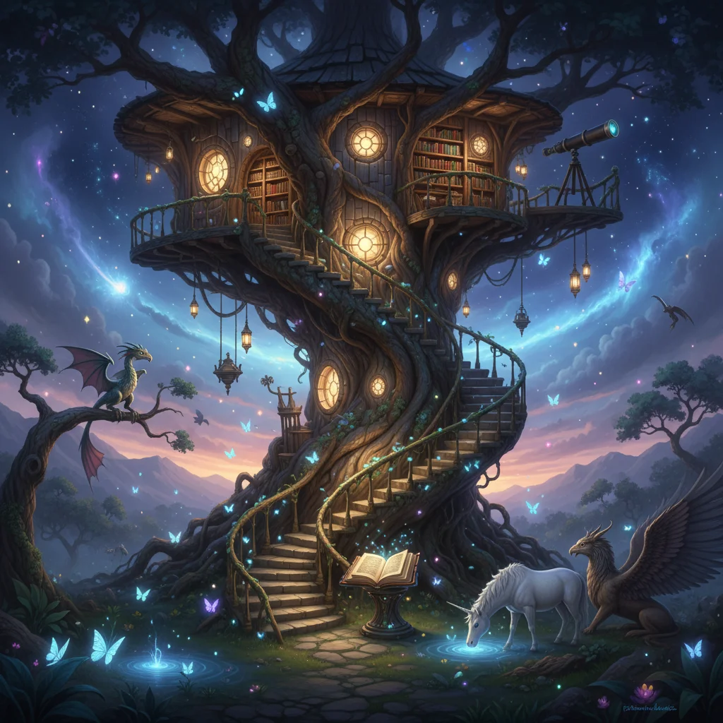 Enchanted Treehouse Library with Mythical ... | AI Studio Gallery
