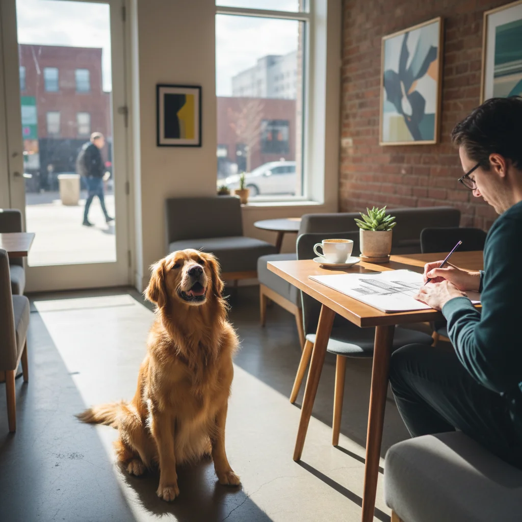 Golden Retriever Sits in Sunlit Cafe While... | AI Studio Gallery